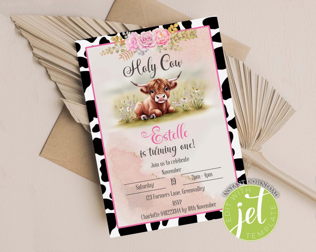 Highland Cow Birthday Invitation: Watercolor Floral Party (digital ...