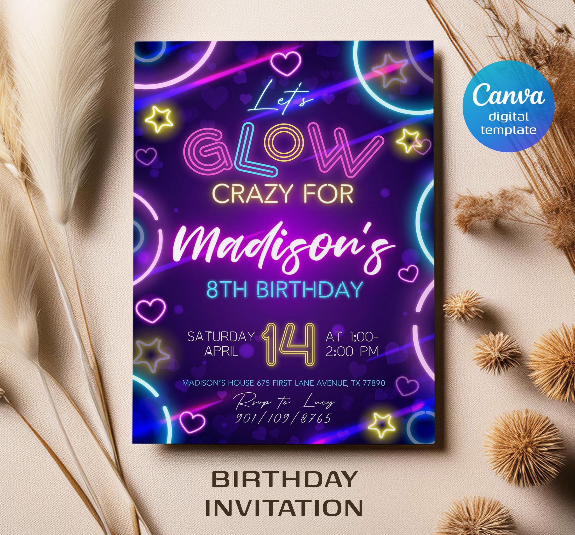 Printable Editable Glow Party Birthday Invitation, Glow Crazy Invite ...