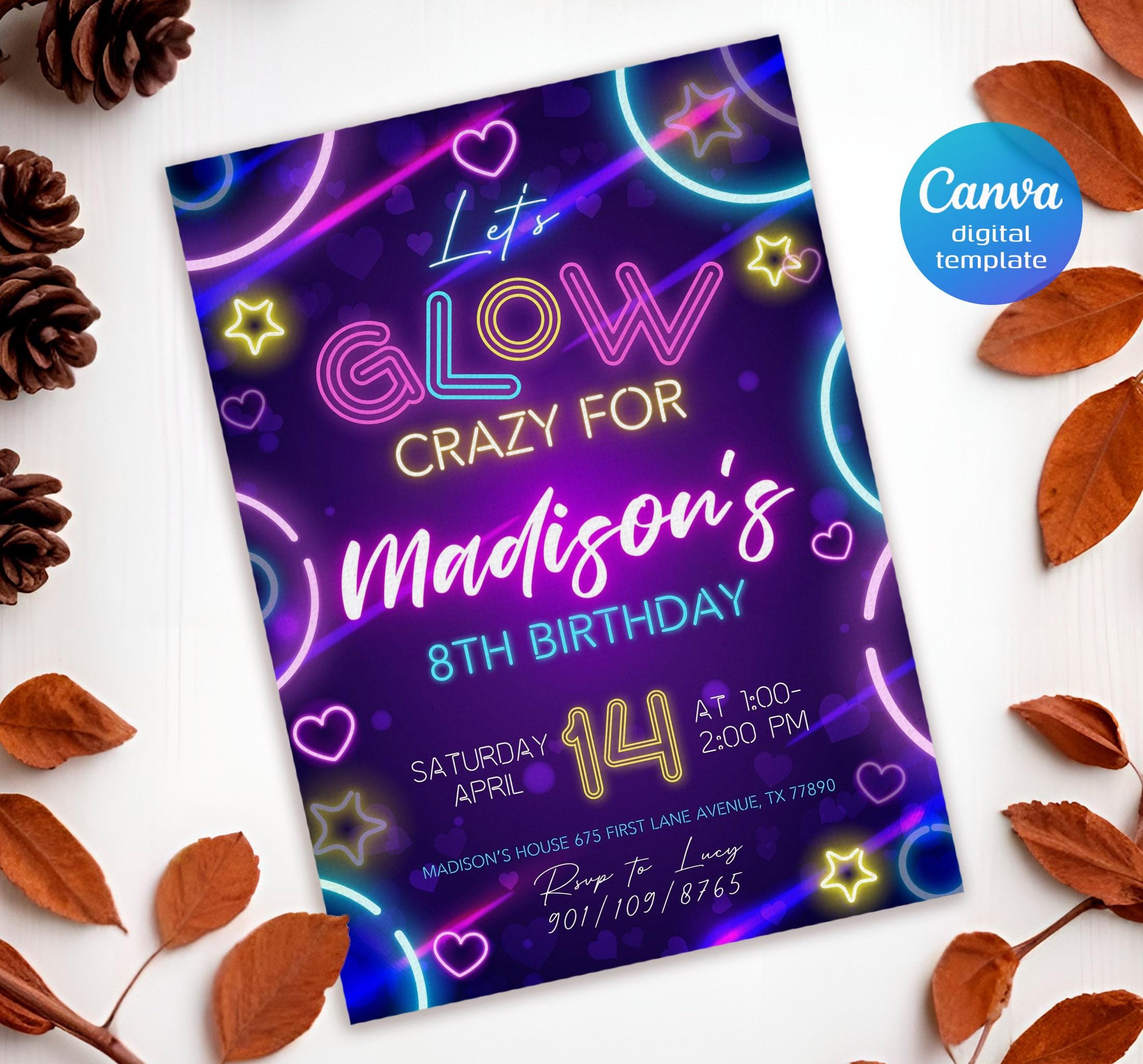 Printable Editable Glow Party Birthday Invitation, Glow Crazy Invite ...