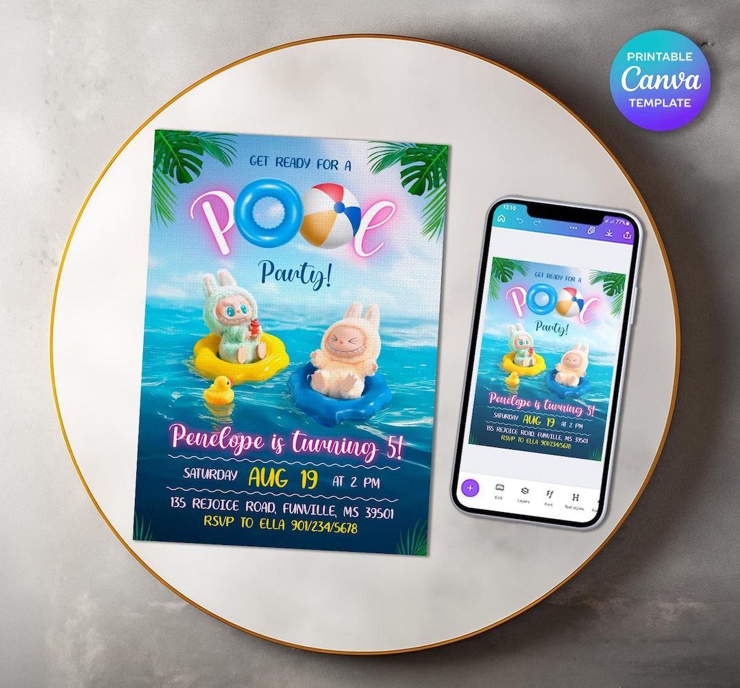 Labubu Pool Party Invitation, Digital Birthday Invite, Editable Labubu ...