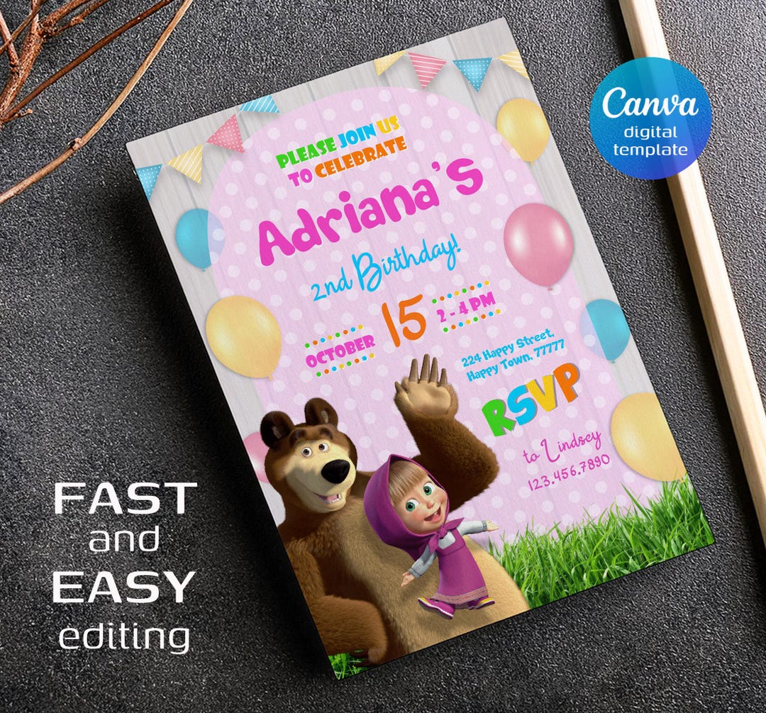 Birthday Invite Girl, Masha and Bear Invite, Editable Masha Invitation ...