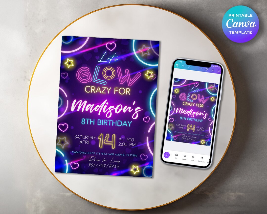 Printable Editable Glow Party Birthday Invitation, Glow Crazy Invite ...