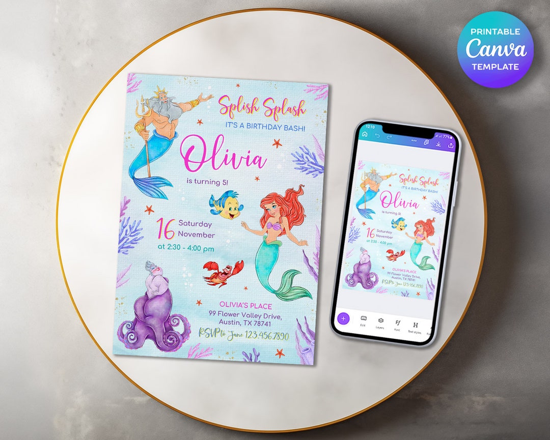 Princess Ariel Birthday Invitation, Girl Editable Invite Template ...