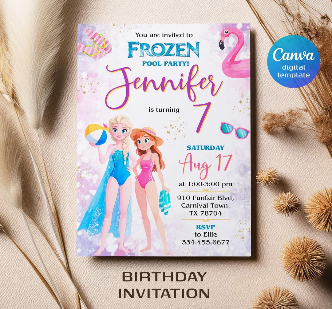 Frozen Pool Party Invitation, Elsa and Anna Birthday, Editable Template ...