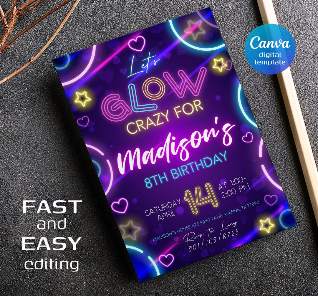 Printable Editable Glow Party Birthday Invitation, Glow Crazy Invite ...