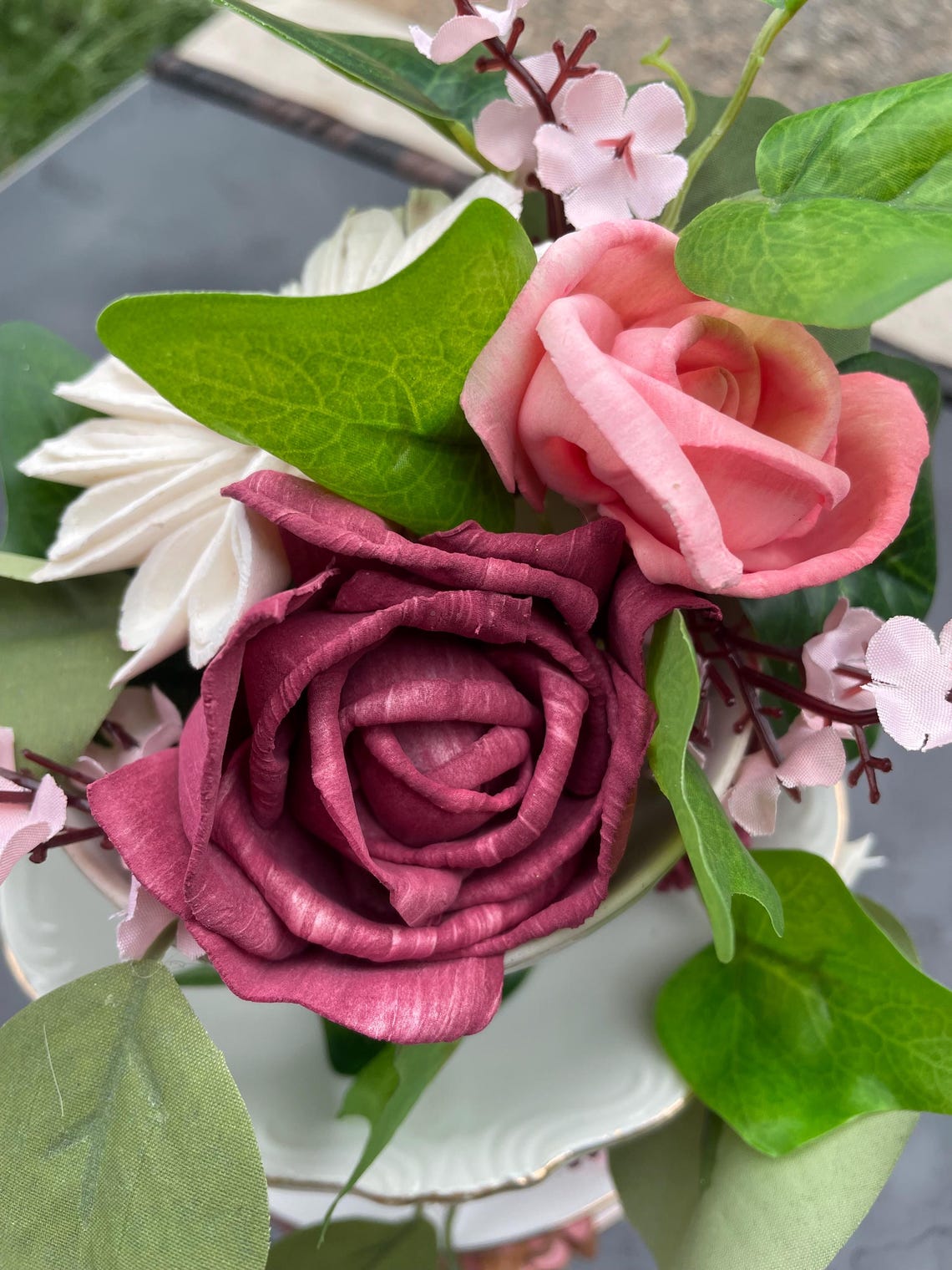 Triple Decker Teacup Flower Arrangement, Three Stacked Teacups and ...
