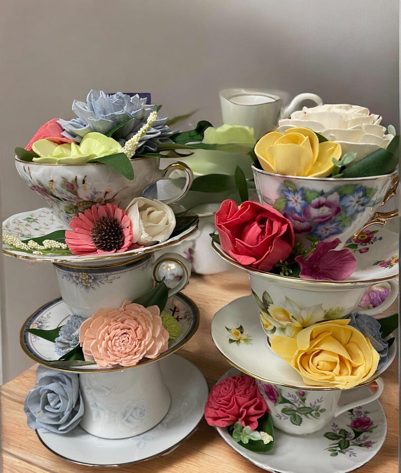 Triple Decker Teacup Flower Arrangement, Multiple Styles Available ...