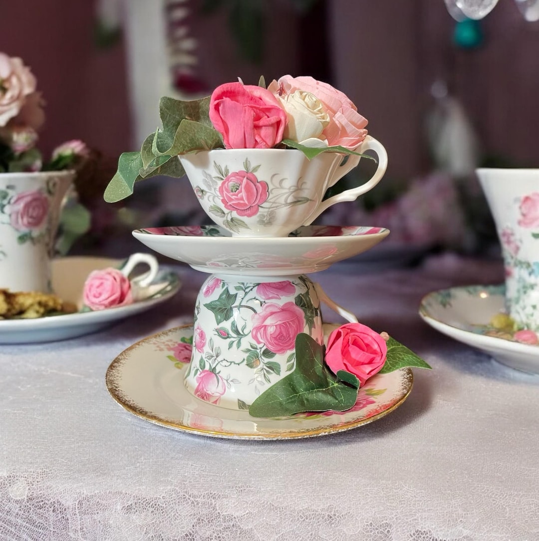 Double Decker Teacup Flower Arrangement, Rose Teacups, Two Stacked ...