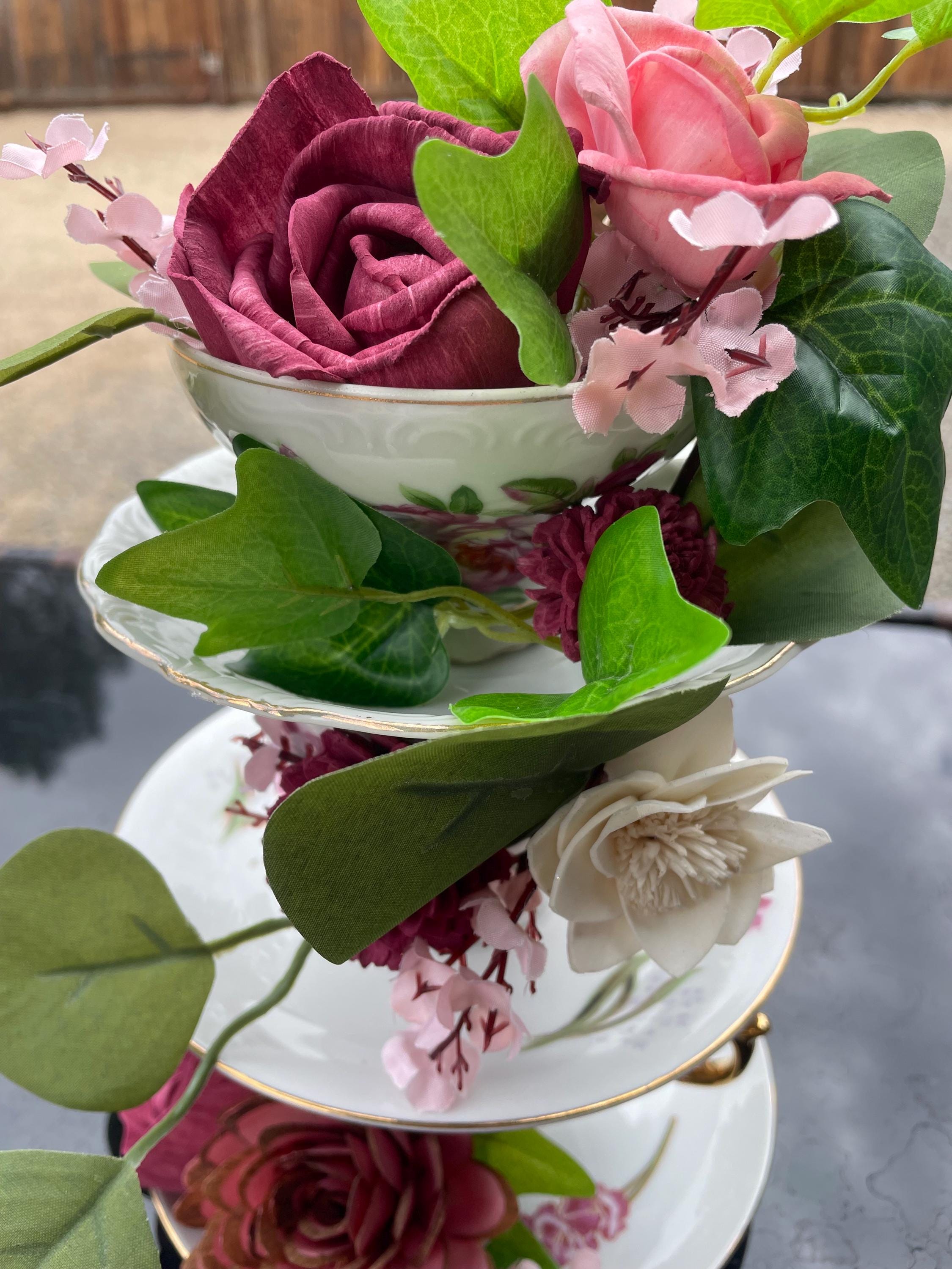Triple Decker Teacup Flower Arrangement, Three Stacked Teacups and ...