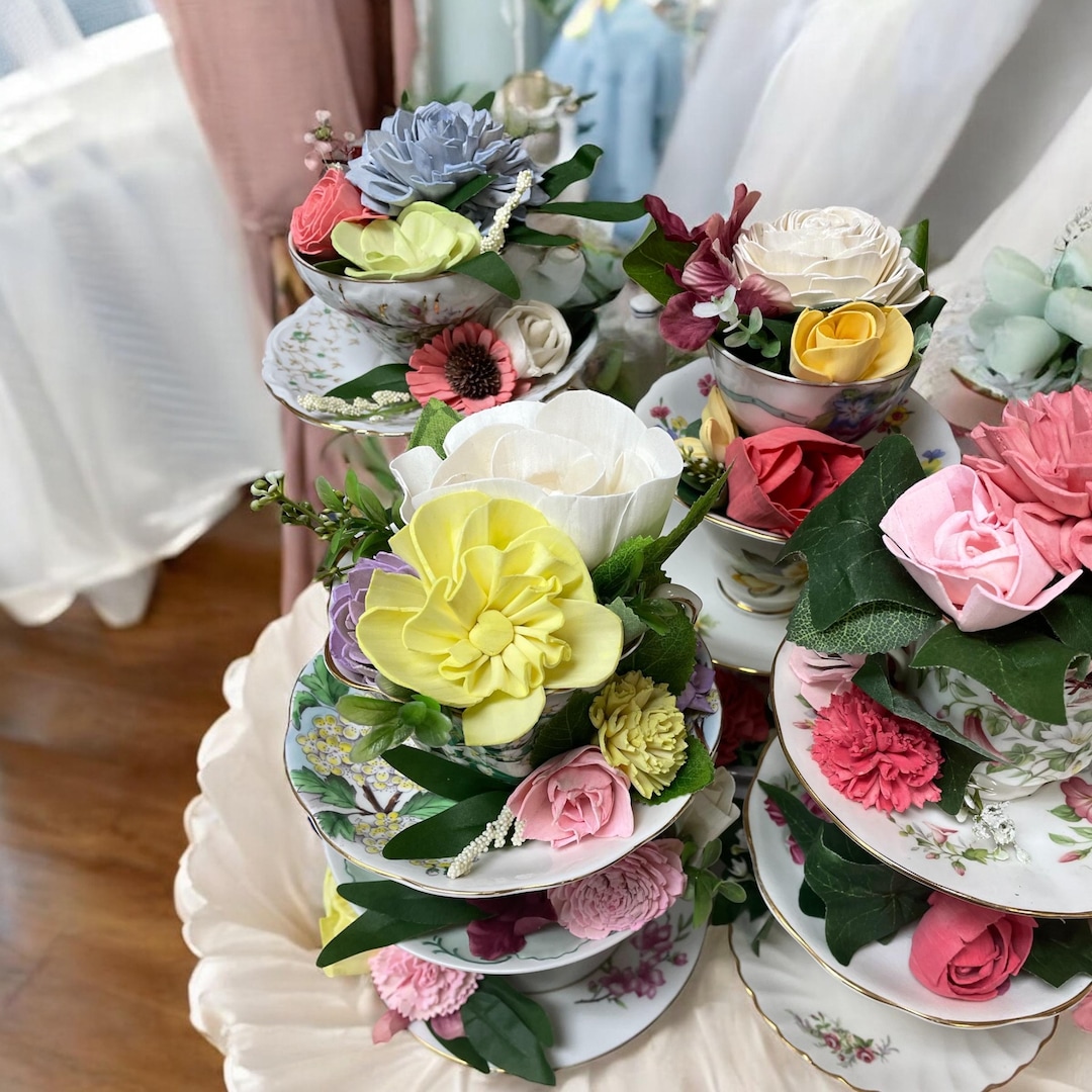 Triple Decker Teacup Flower Arrangement, Multiple Styles Available ...