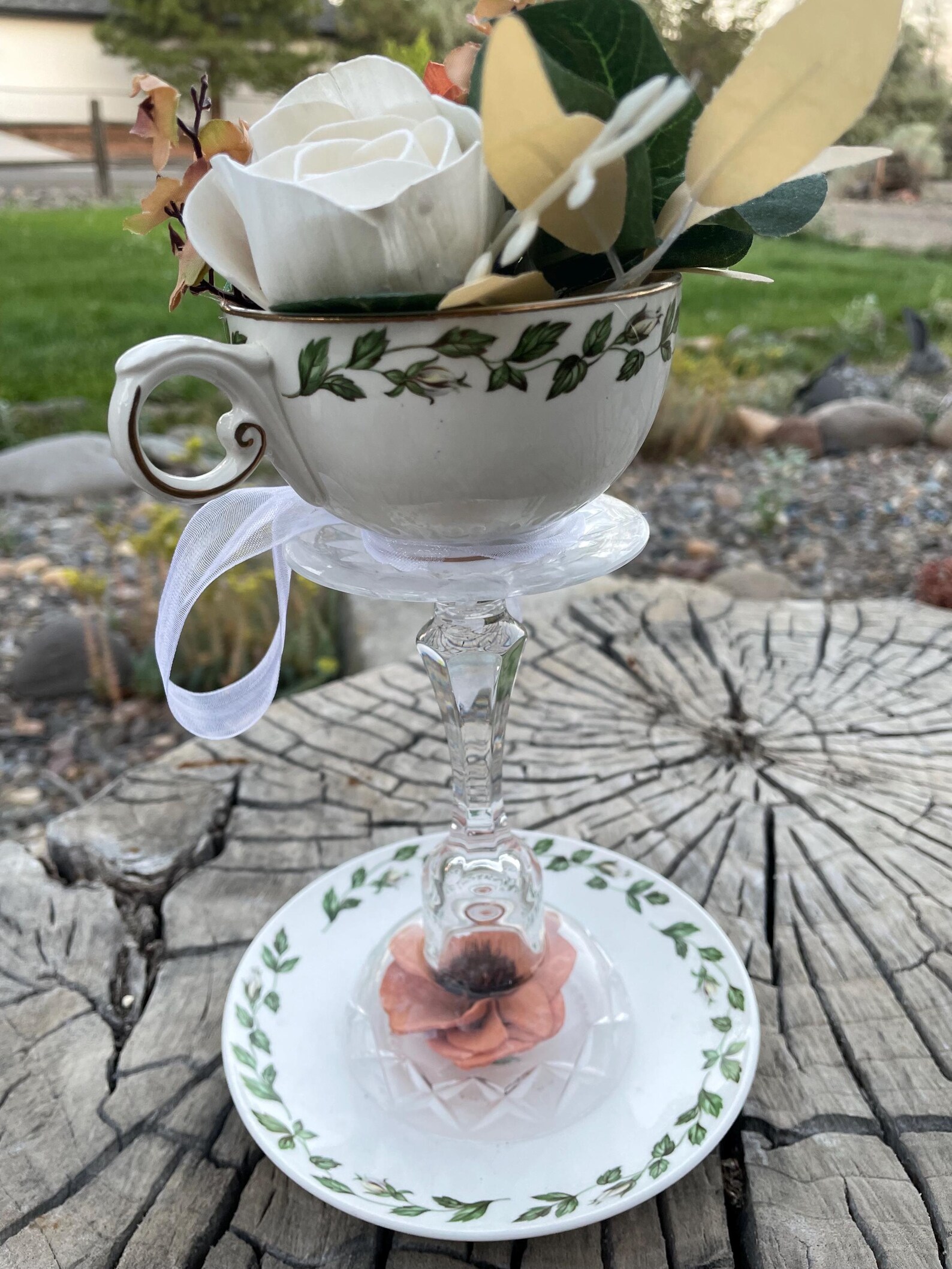 Elevated Teacup Flower Arrangement, Teacup Balanced on Crystal Stand - Etsy