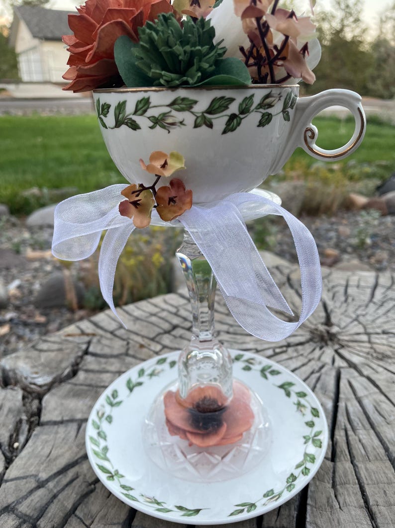 Elevated Teacup Flower Arrangement, Teacup Balanced on Crystal Stand - Etsy