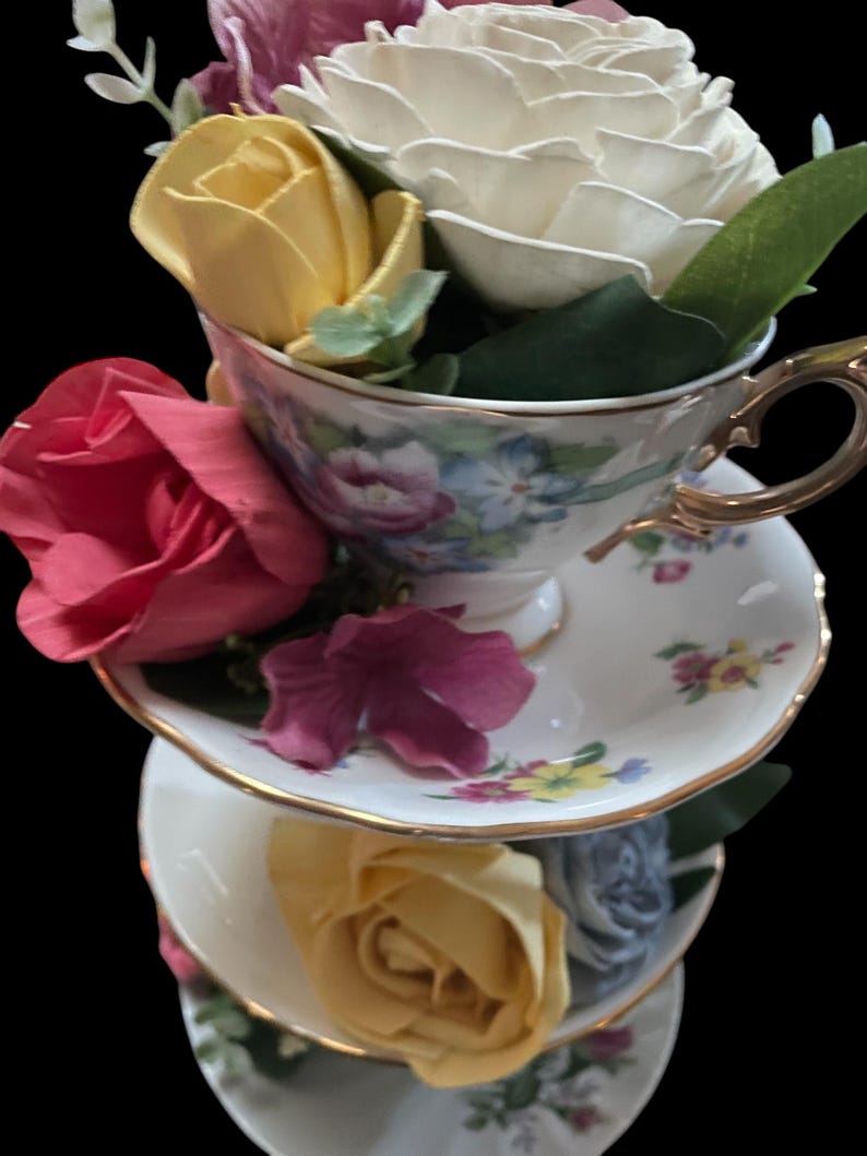 Triple Decker Teacup Flower Arrangement, Multiple Styles Available ...