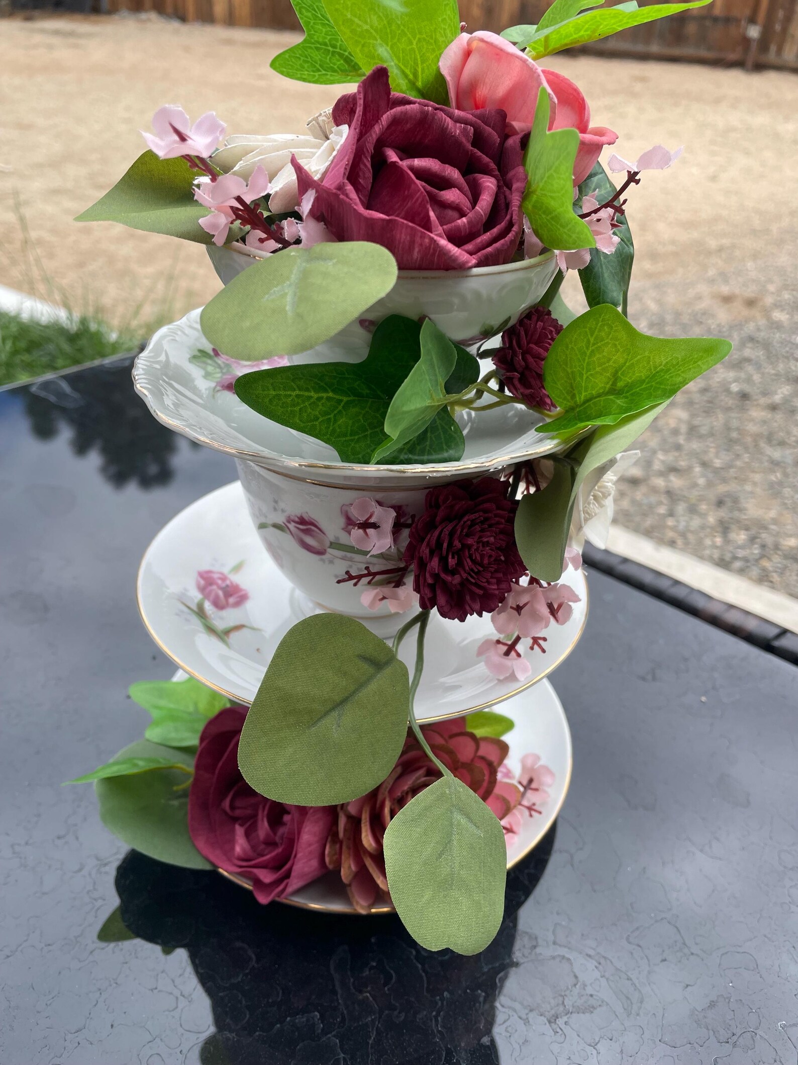 Triple Decker Teacup Flower Arrangement, Three Stacked Teacups and ...