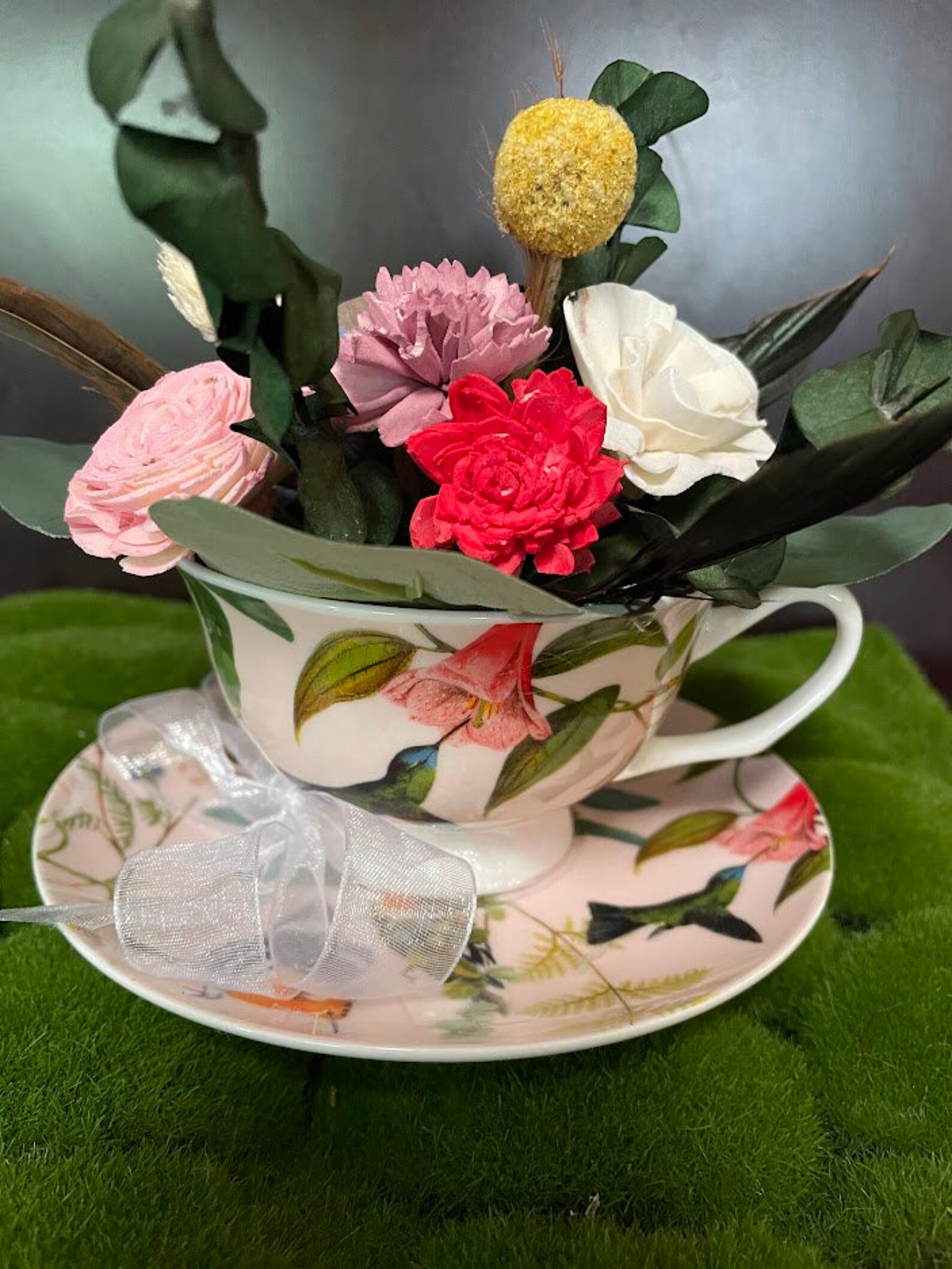 Bird Lovers Teacup, Wood Flower Arrangement in Cup With Hummingbird ...