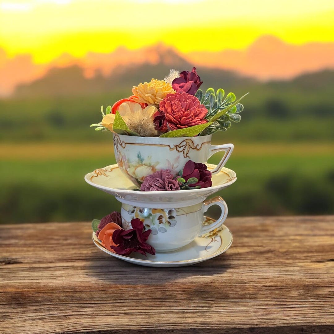 Double Decker Teacup Flower Creation, Multiple Styles Available, Wood ...