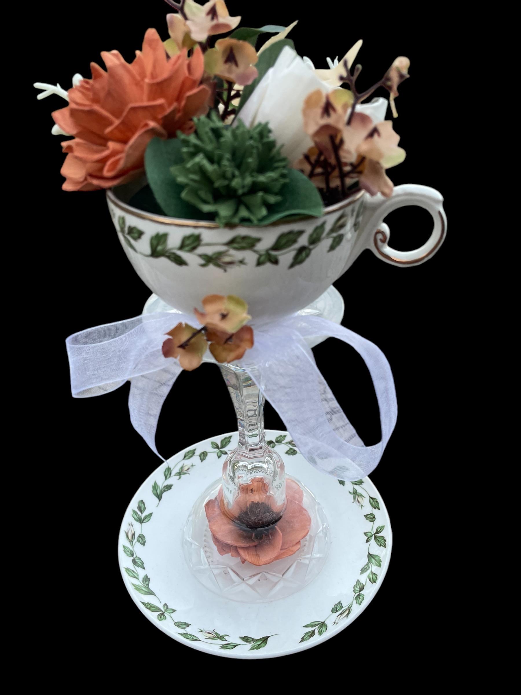 Elevated Teacup Flower Arrangement, Teacup Balanced on Crystal Stand - Etsy