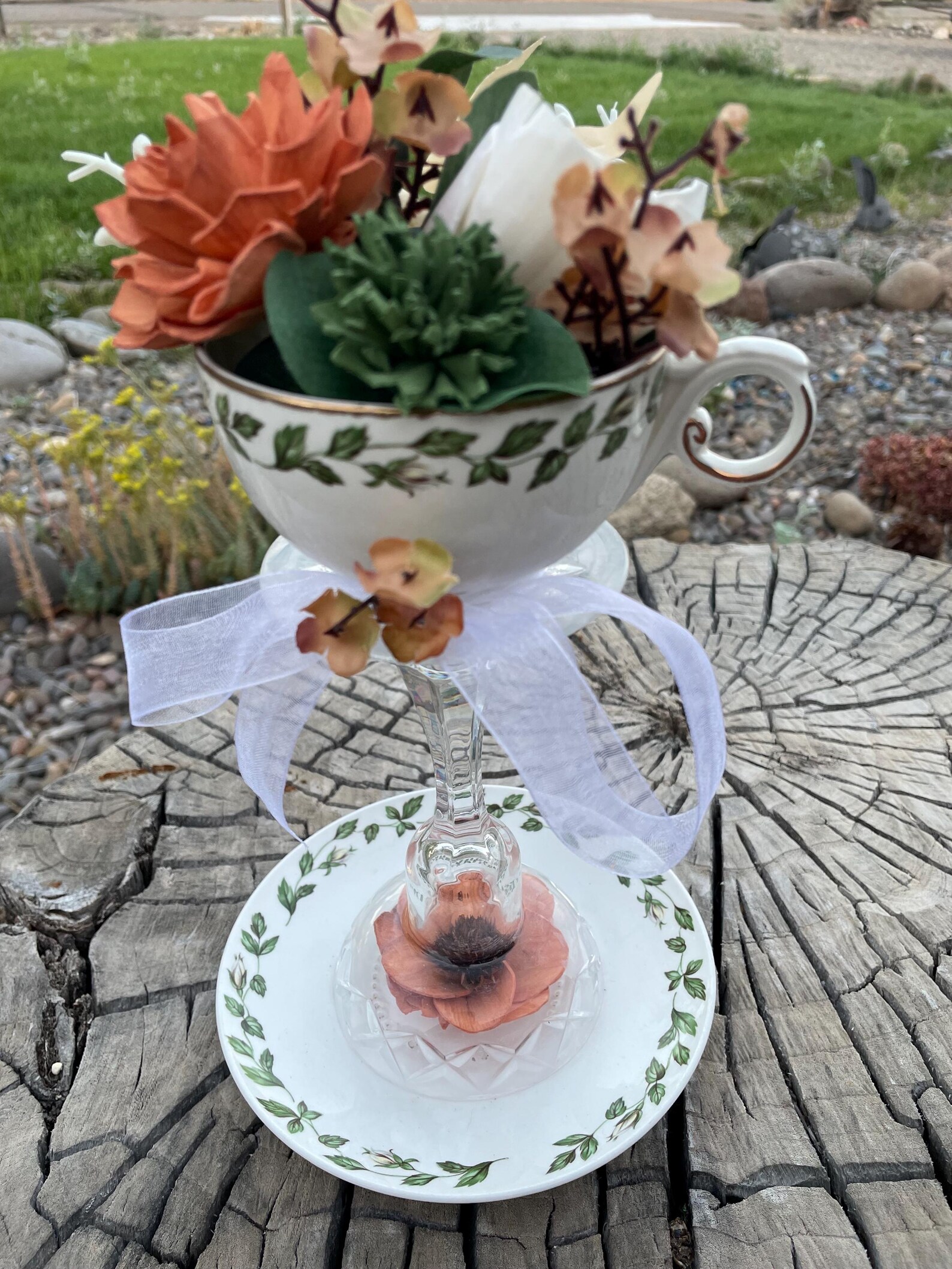 Elevated Teacup Flower Arrangement, Teacup Balanced on Crystal Stand - Etsy