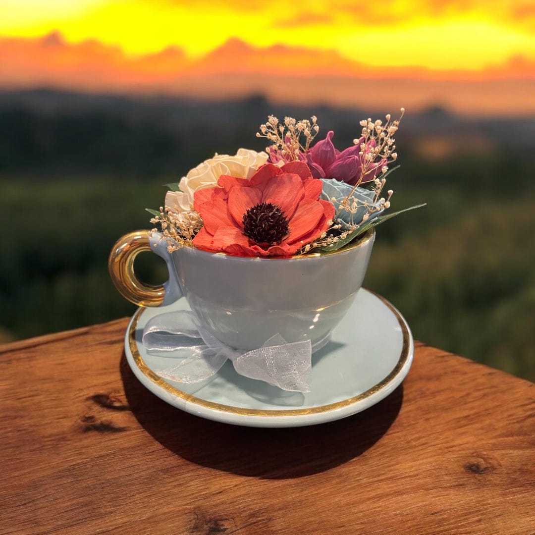 Blue and Gold Teacup Floral Arrangement, Wood Flowers, Gift for Her - Etsy