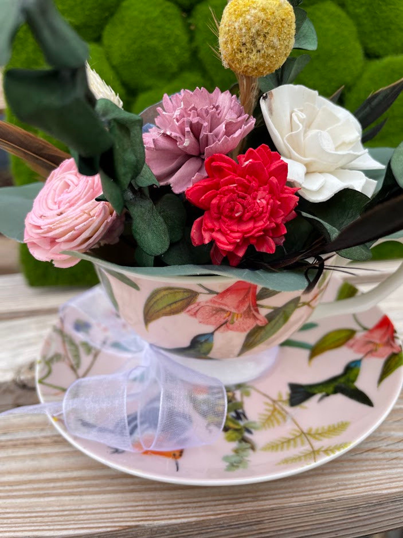 Bird Lovers Teacup, Wood Flower Arrangement in Cup With Hummingbird ...