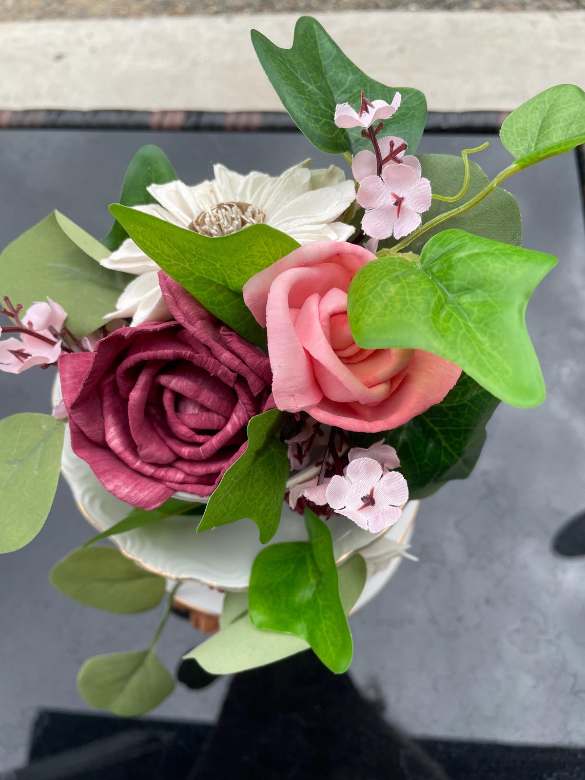 Triple Decker Teacup Flower Arrangement, Three Stacked Teacups and ...