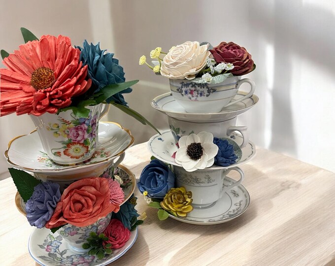 Triple Decker Teacup Flower Arrangement, Multiple Styles Available ...