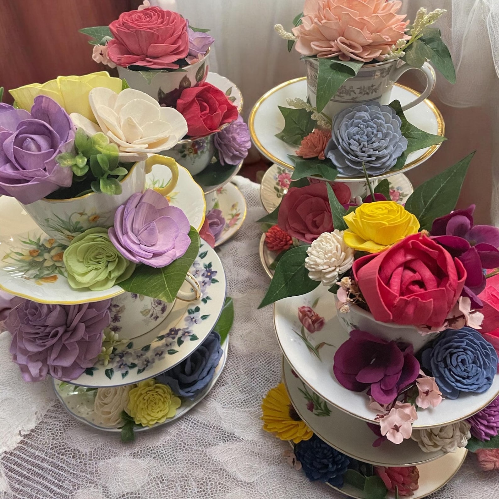 Triple Decker Teacup Flower Arrangement, Three Stacked Teacups and ...