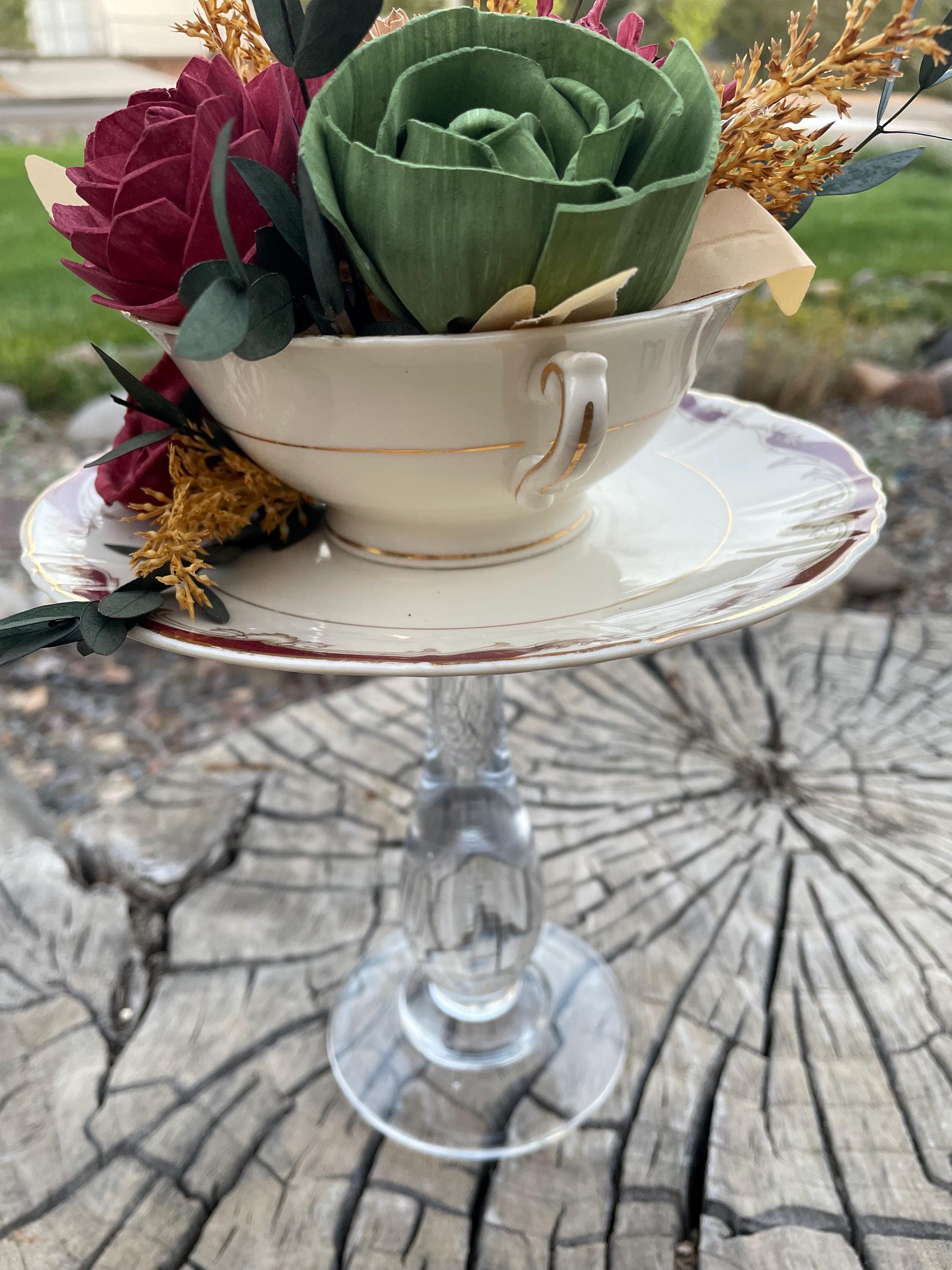 Elevated Teacup and Saucer Flower Arrangement, Teacup Balanced on Glass ...