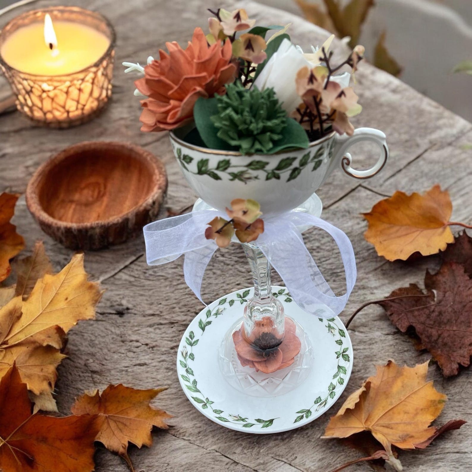 Elevated Teacup Flower Arrangement, Teacup Balanced on Crystal Stand - Etsy