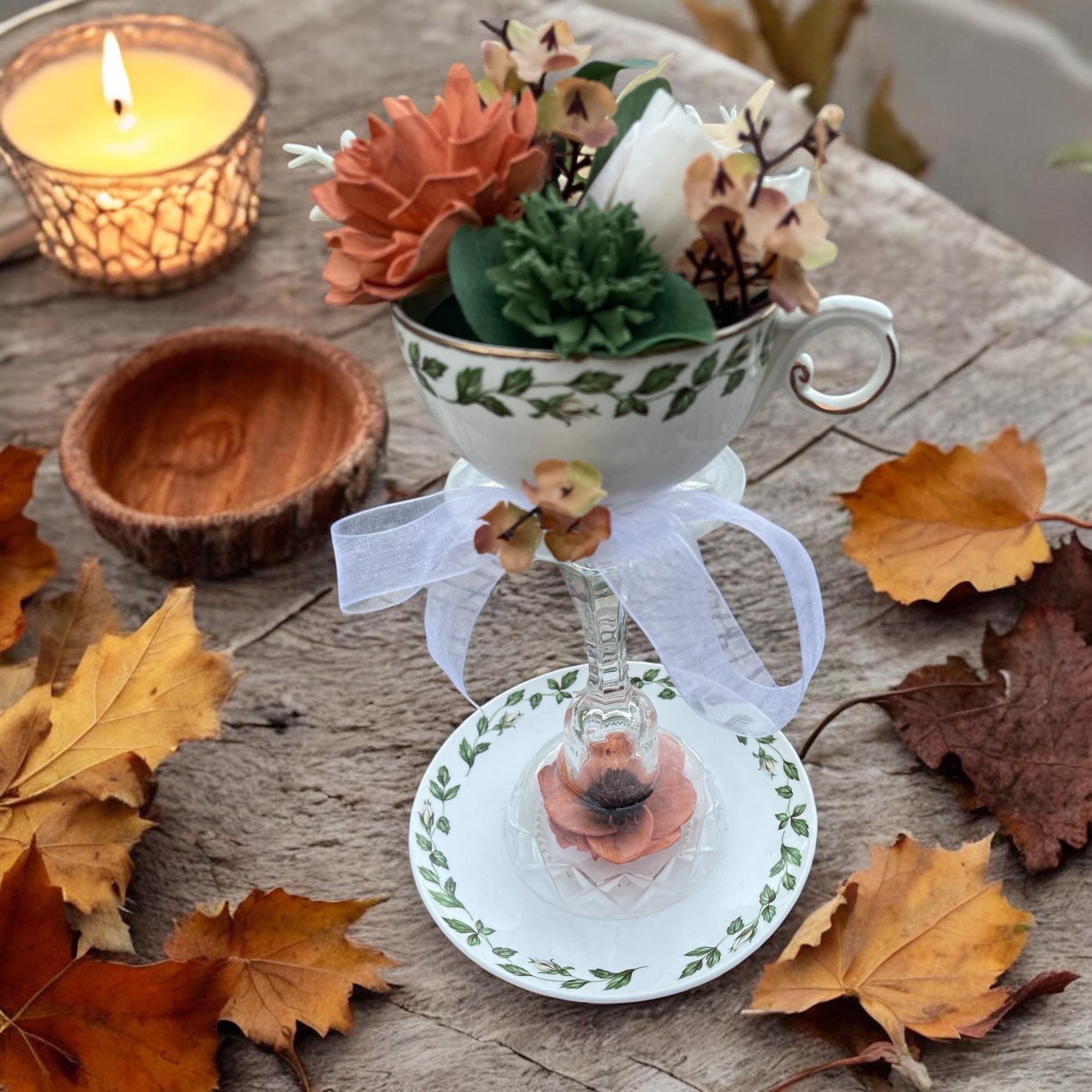 Elevated Teacup Flower Arrangement, Teacup Balanced on Crystal Stand - Etsy