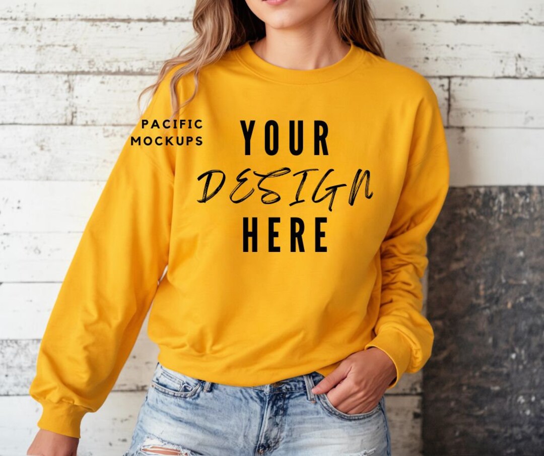 Gildan 18000 Gold Sweatshirt Mockup Clothing Mock up G180 Gold Yellow ...