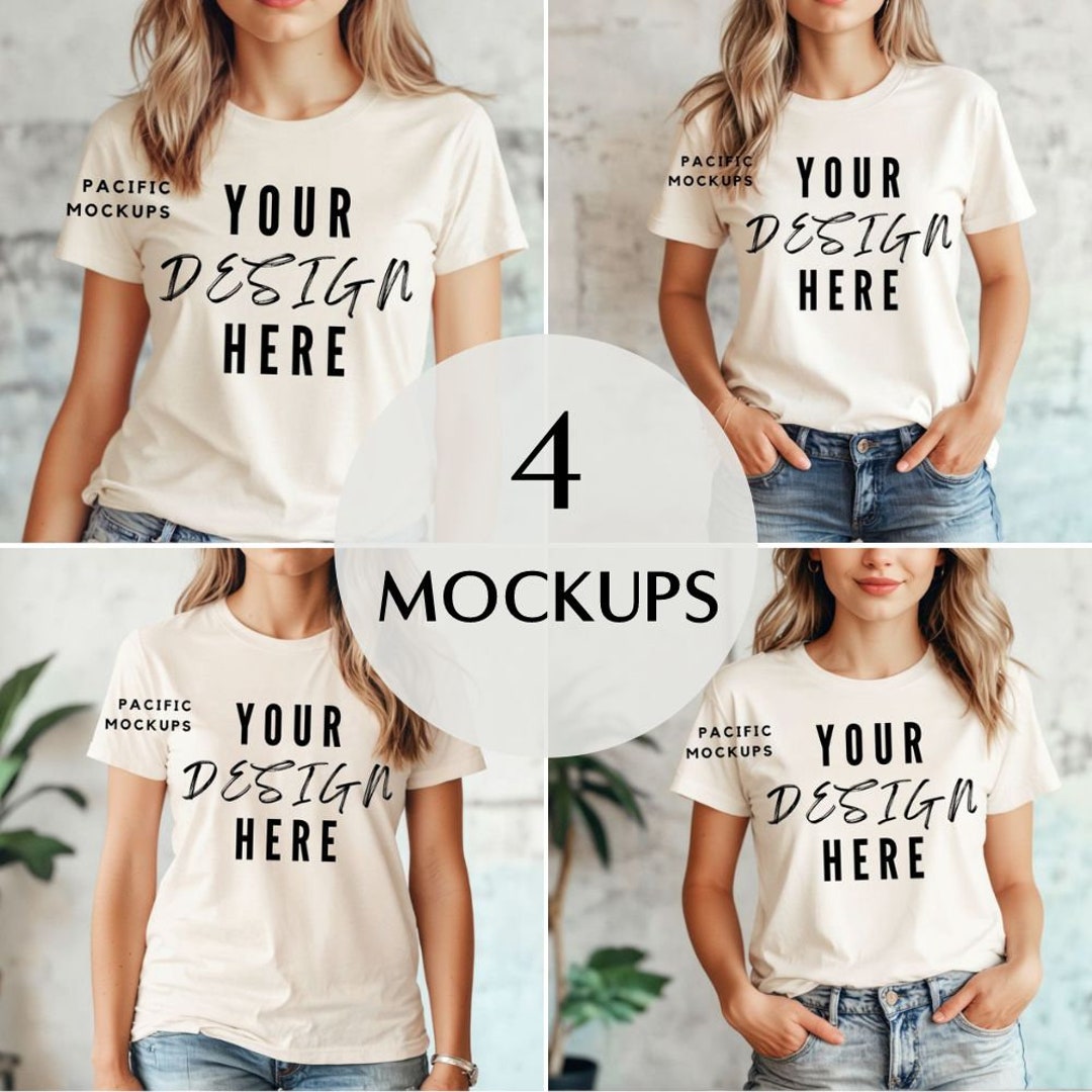 4x Woman Soft Cream T-shirt Mockup Bundle 3001 Bella Canvas Mockup ...