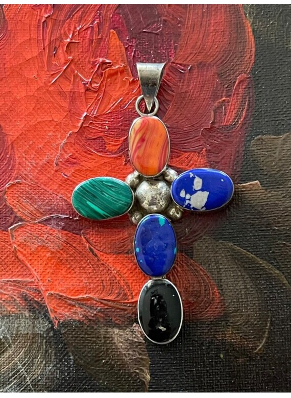 Large silver and multi stone cross. - Gem