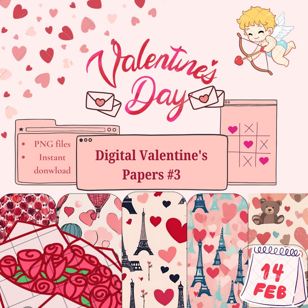 Digital Valentine's Day Papers Unique and Romantic Designs for Printing ...