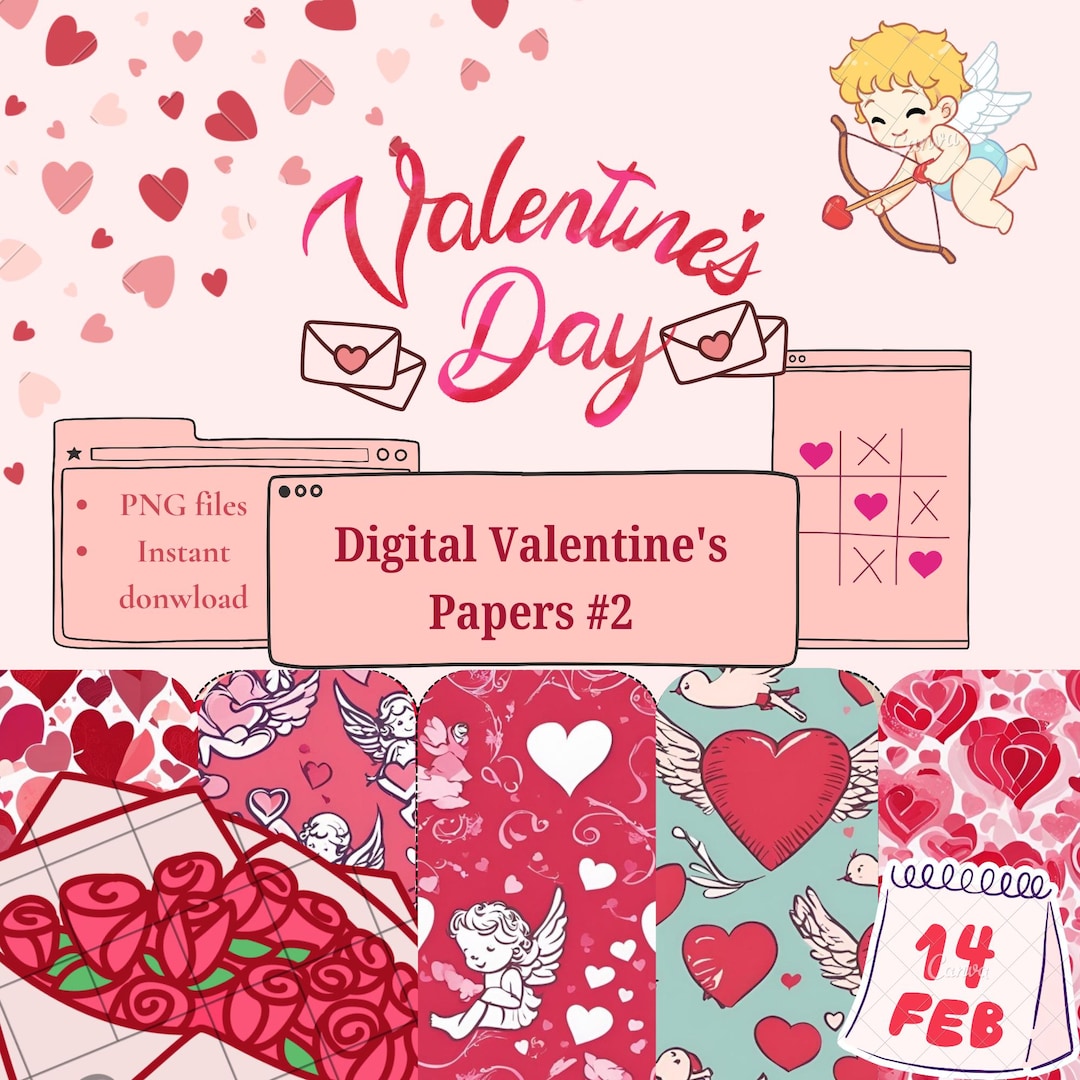 Digital Valentine's Day Papers Unique and Romantic Designs for Printing ...
