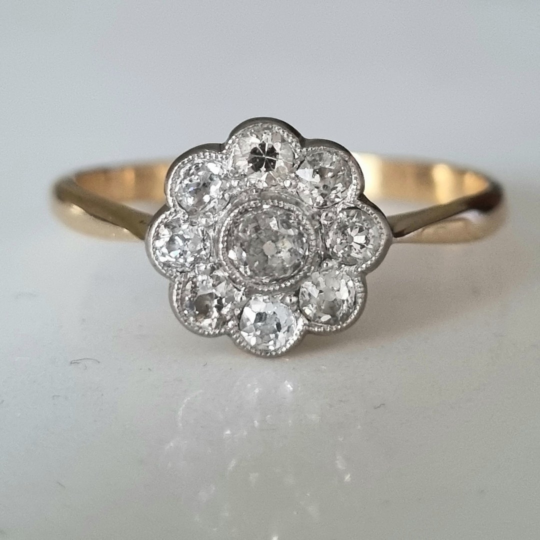18CT Old European Cut Diamond Daisy Ring - Etsy