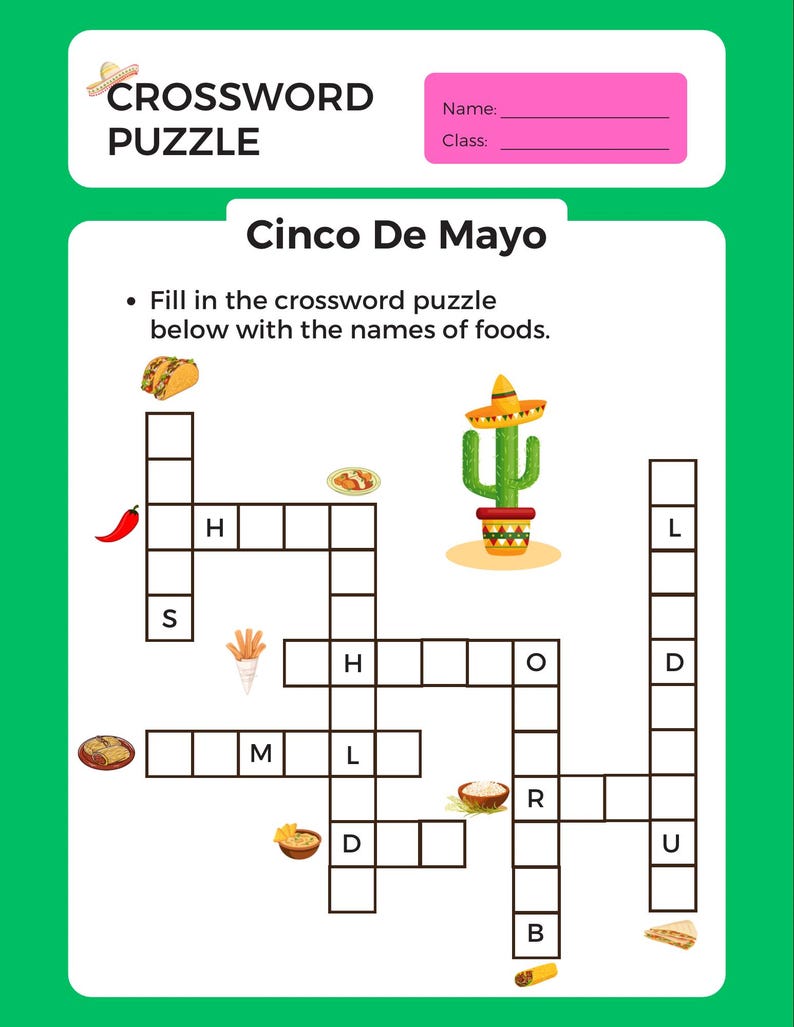 Cinco De Mayo Kids Activity – Printable Crossword Puzzle | Fun ...