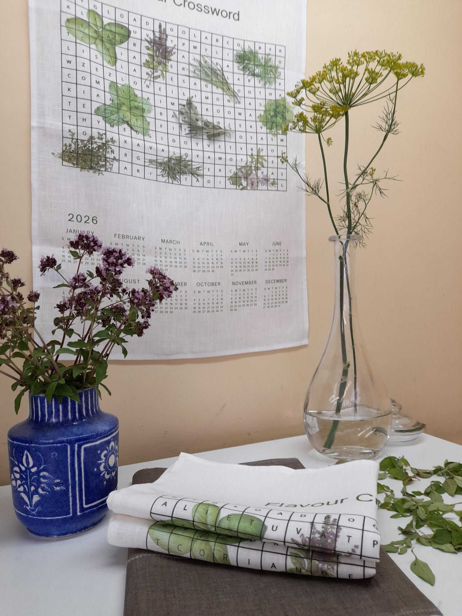 2026 Linen Towel Calendar: Botanical Herbs Crossword Print - Etsy