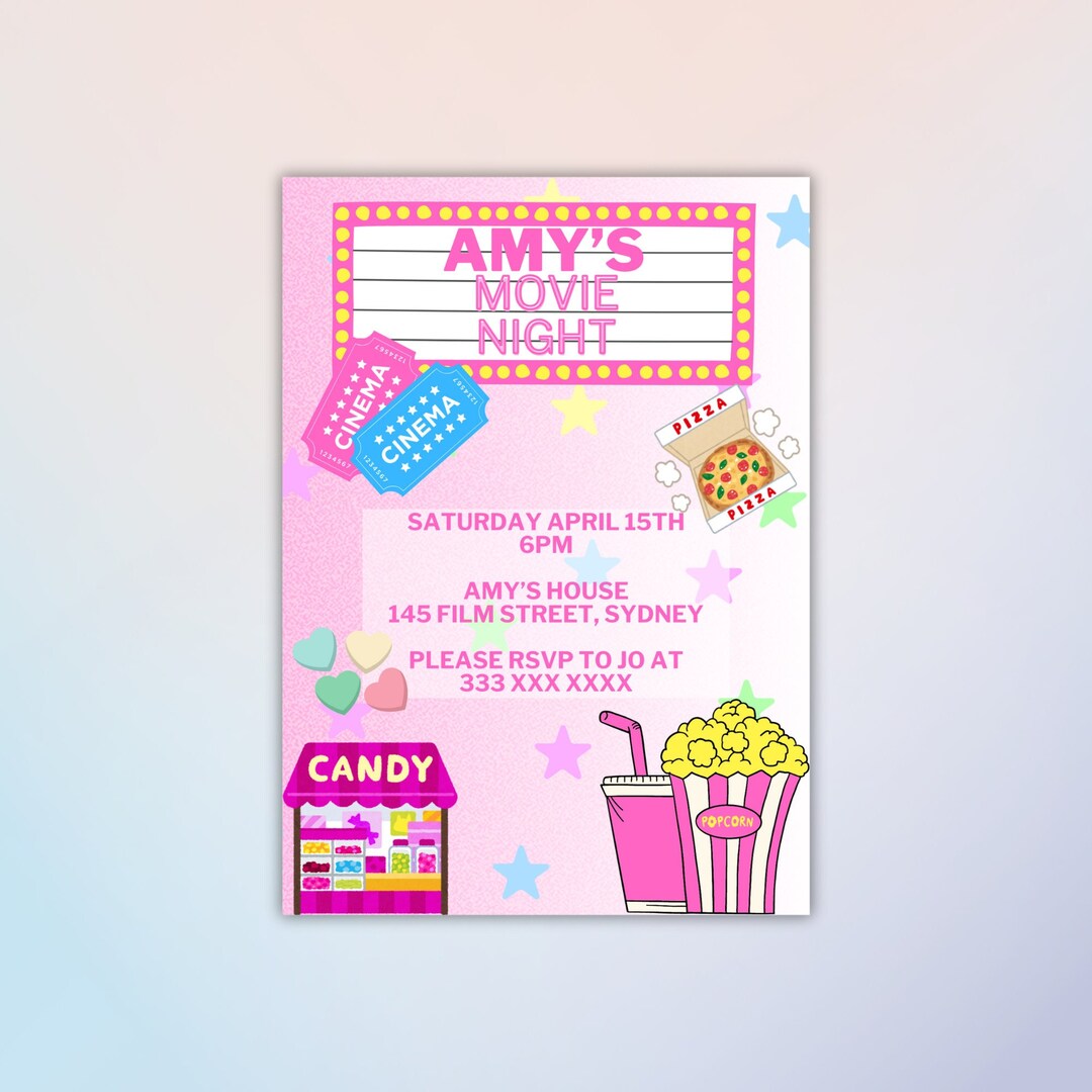 Pink Movie Night Invitation, Kids Move Night Birthday, Pink Invite ...