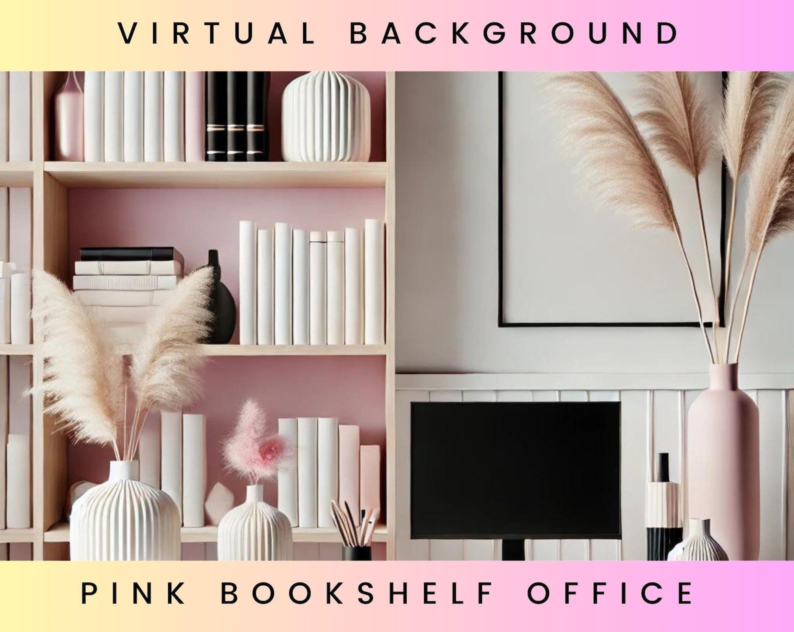 Bookshelf Office Backgrounds, Pink Pampas, Zoom Background, Zoom Backgrounds, Virtual Background ...