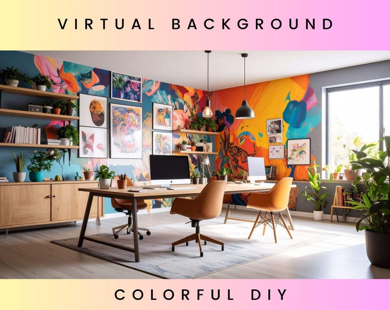 Colorful DIY Mural Zoom Background | Artsy Office Virtual Backdrop With ...