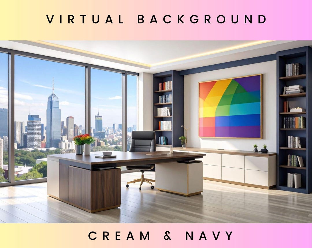 Executive Office Virtual Background | Cream, Navy, Rainbow Art - Etsy