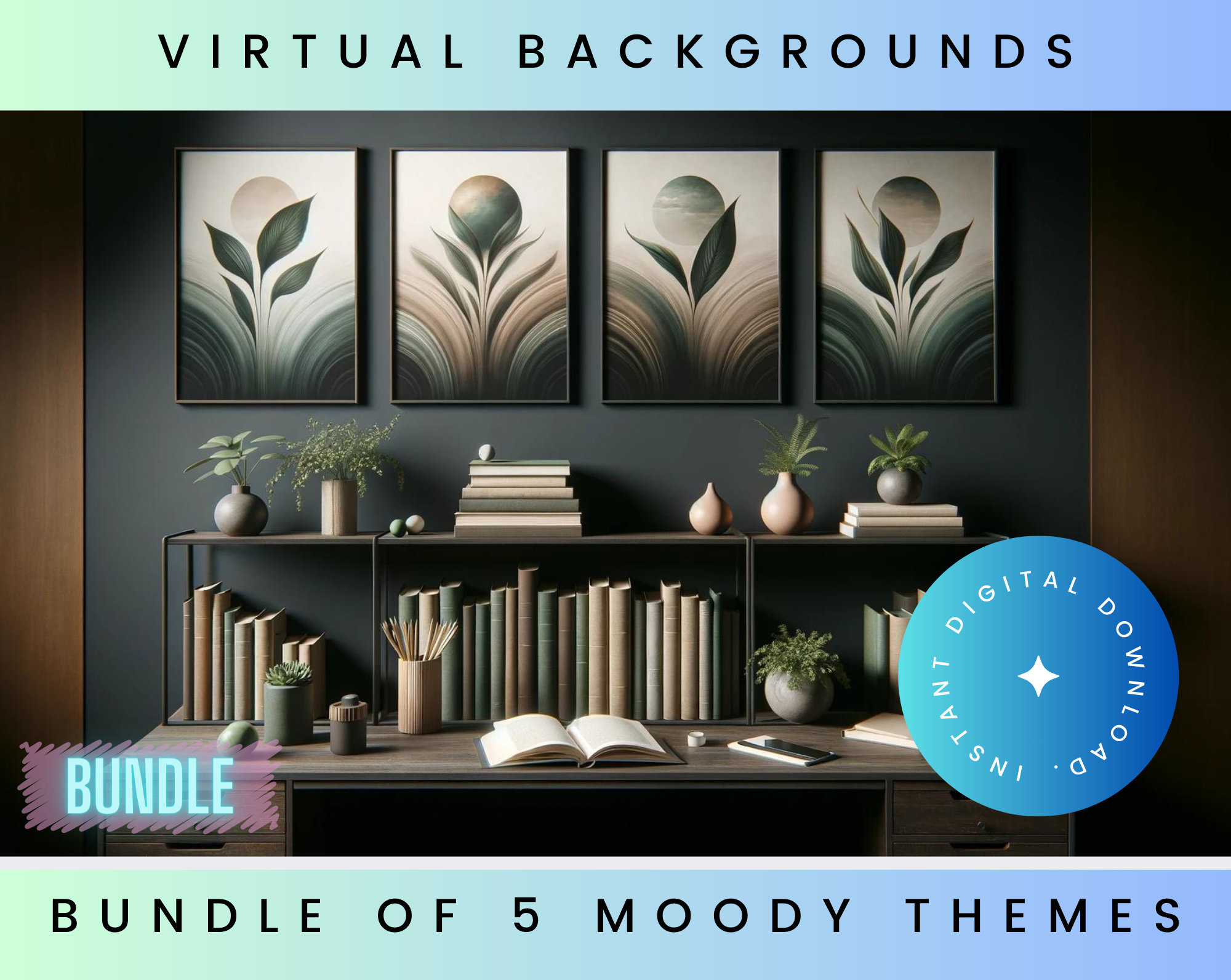 BUNDLE of 5 Moody Zoom Backgrounds, Green Gray Navy Zoom Background ...