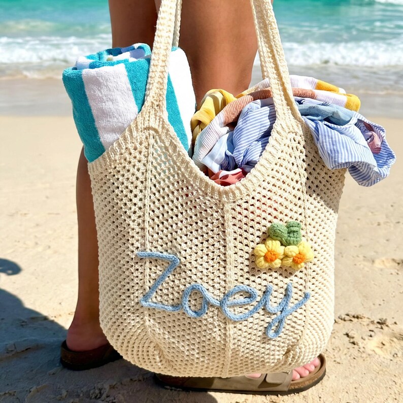 Personalized Crochet Beach Tote Bag, Custom Name Knit Mesh Bag ...
