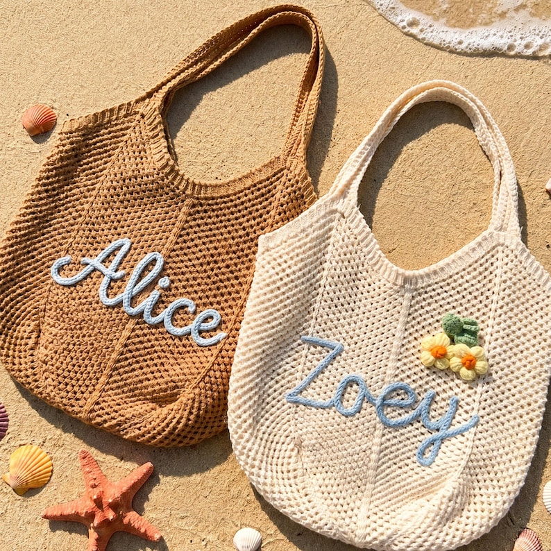 Personalized Crochet Beach Tote Bag, Custom Name Knit Mesh Bag ...