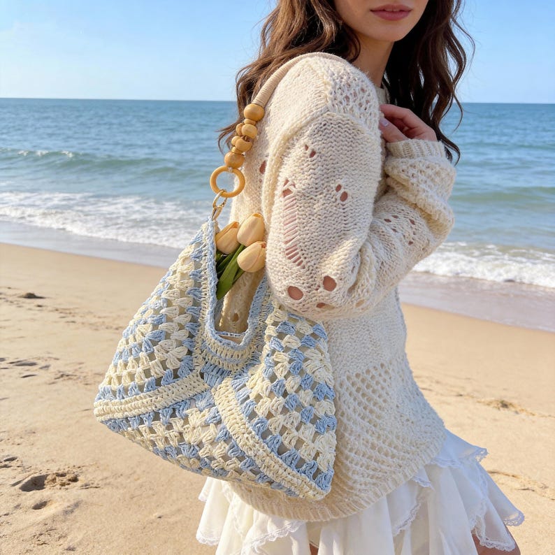 Boho Crochet Hobo Bag, Wooden Beaded Handle Purse, Woven Summer Beach ...