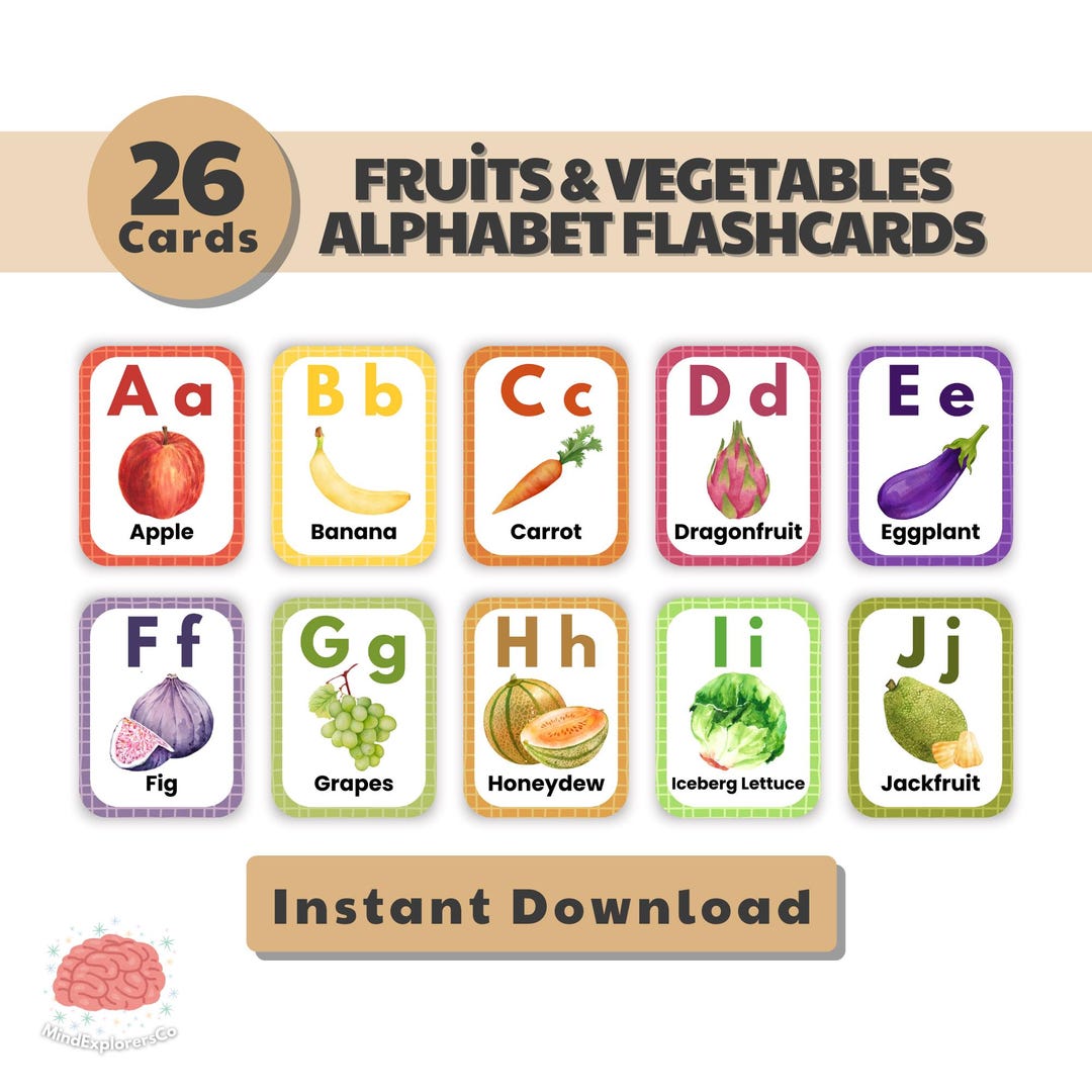 Fruits & Vegetables Alphabet Flashcards | A-Z Educational Cards for ...