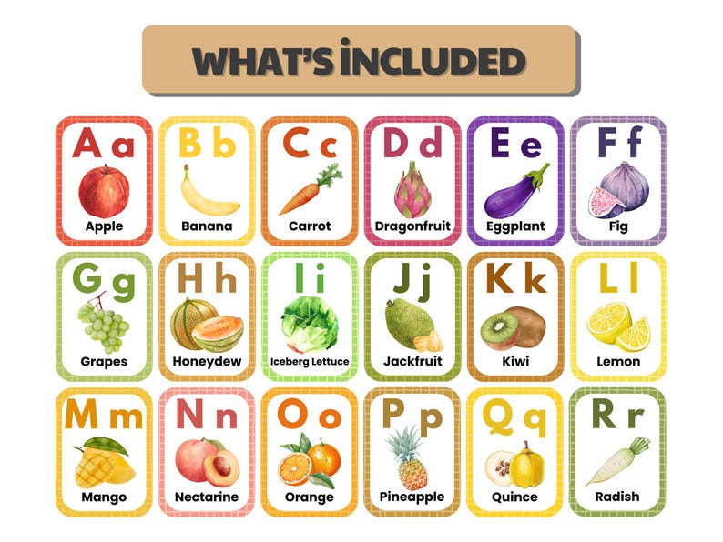 Fruits & Vegetables Alphabet Flashcards | A-Z Educational Cards for ...