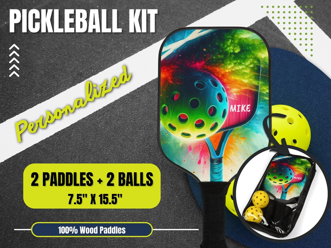 Personalized Pickleball Paddle Kit, Two Wooden Pickleballs, 2 Plastic ...