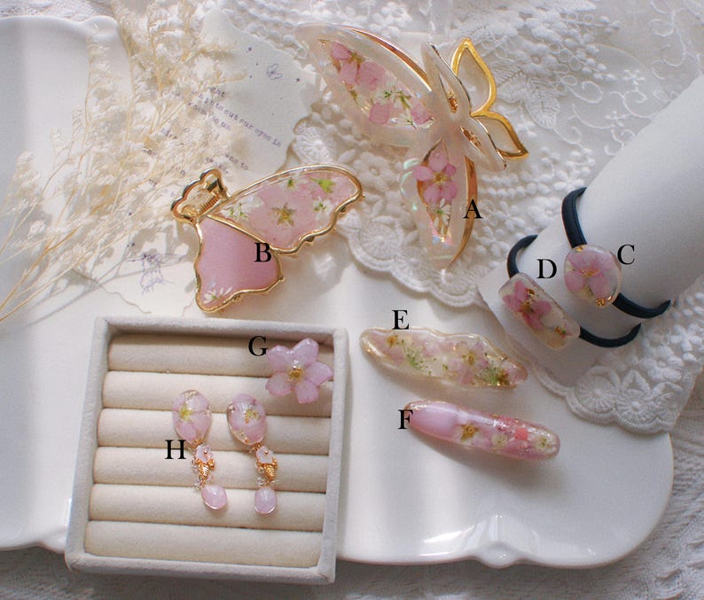 Cherry Blossom Pink Sakura Flower Hair Accessories, Handmade Earrings ...